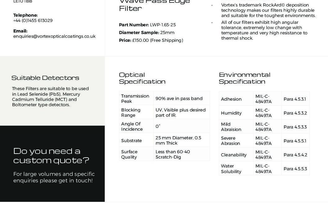 1.65µm Long Wave Pass Edge Filter | Vortex Optical Coatings