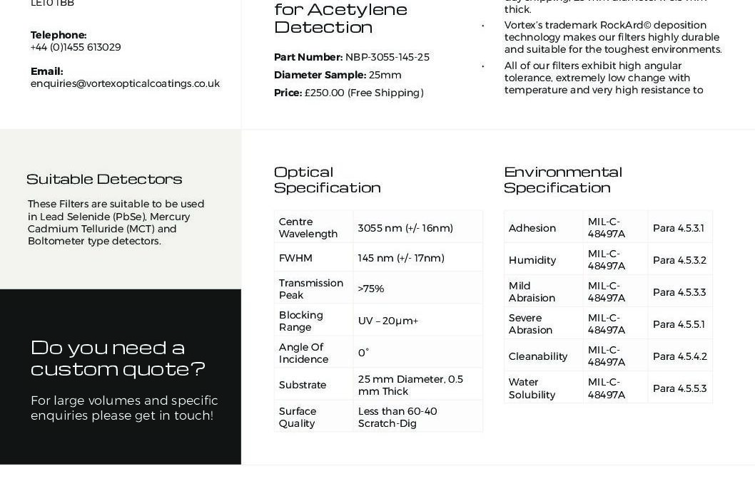 3.055µm Filter for Acetylene Detection (C2H2) | Vortex Optical Coatings